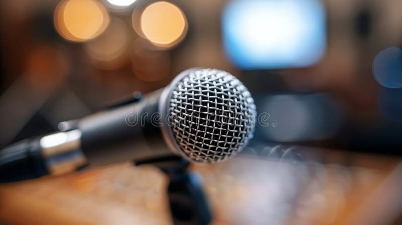 Close-Up of a Silver Microphone on a Wooden Table with Blurred ...
