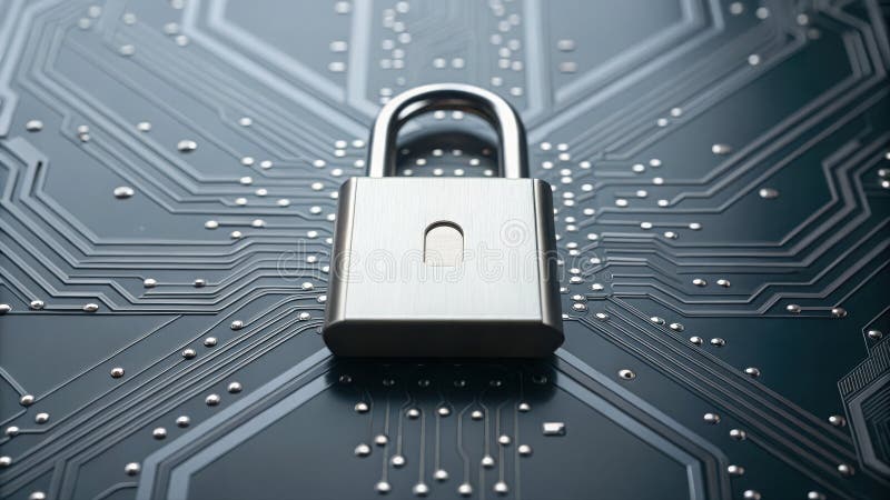 Close-up of a Silver Padlock on Circuit Board Pattern Background ...