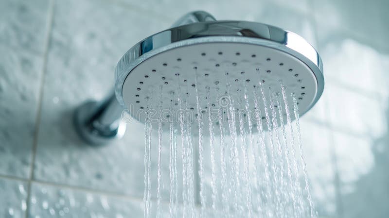 Close-up of a Silver Shower Head with Water Running, Circular Tropical ...