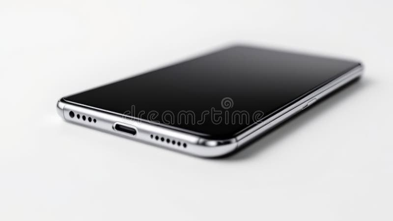 Close-up of a Silver Smartphone with a Black Screen on a Plain White ...