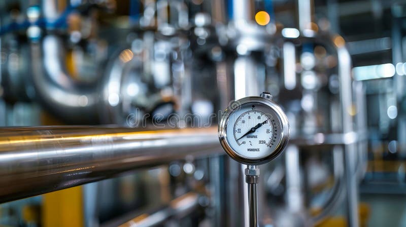 A Close-up of a Silver Temperature Gauge Mounted on a Pipe in a Busy ...
