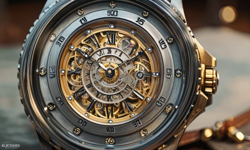 A Close Up of a Silver Watch with a Gold Dial. Stock Illustration ...