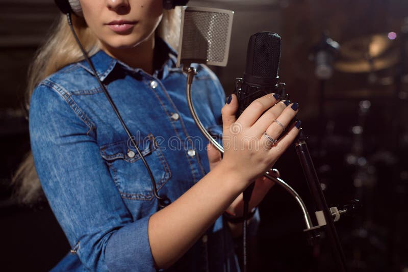 Close Up of a Singer Recording a Track in a Studio. Stock Image - Image ...