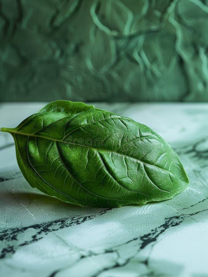 Close-up of a Single Basil Leaf on a Marbled Surface Stock Image ...