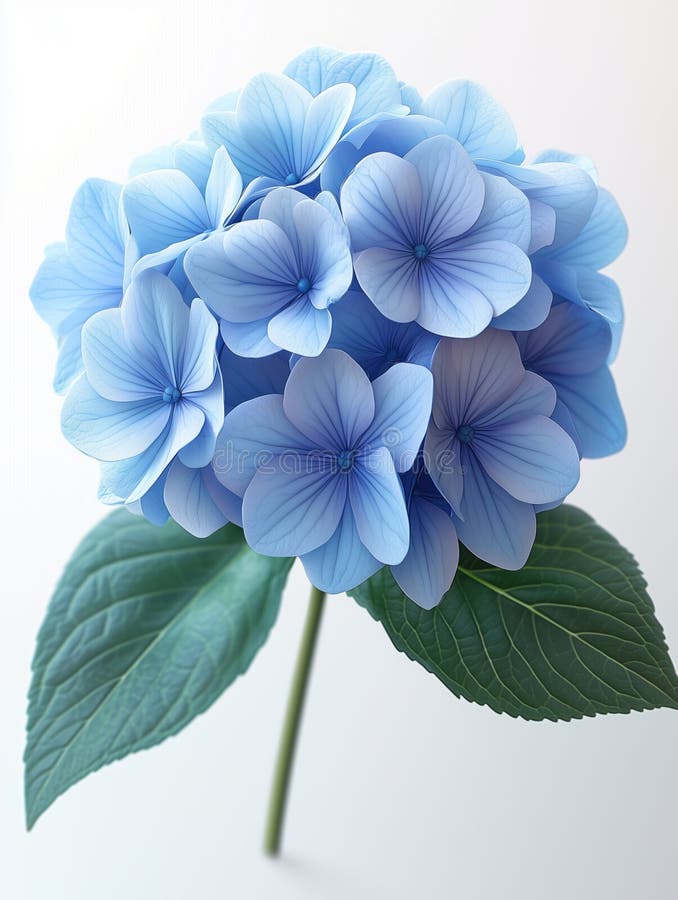 A Single Blue Hydrangea Flower with Green Leaves on a White Background ...