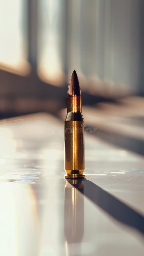 Close-up of a Single Bullet Standing Upright on a Reflective Surface ...