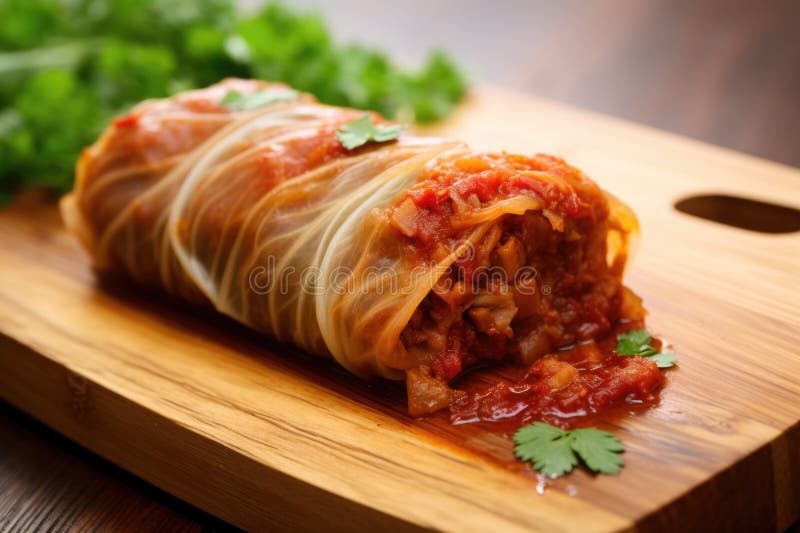 Close-up of a Single Cabbage Roll on a Bamboo Board Stock Illustration ...