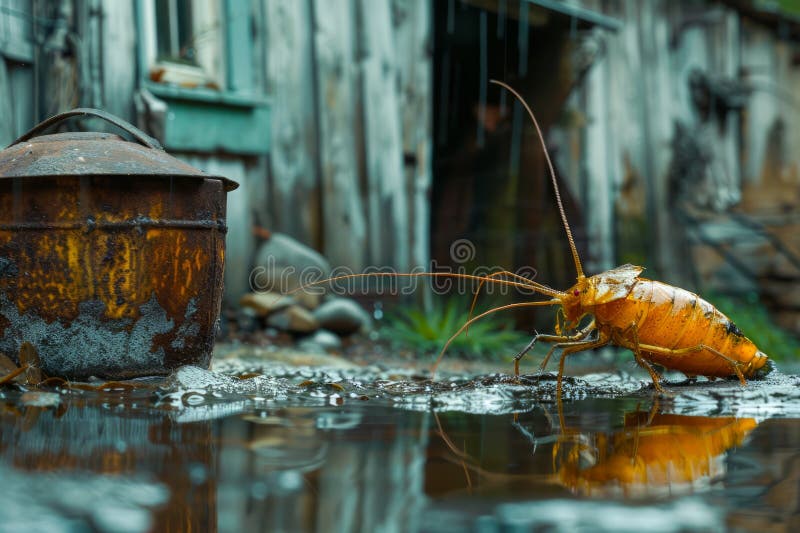 Close Up of a Single Cockroach in a Moist Environment with Old Rusty ...