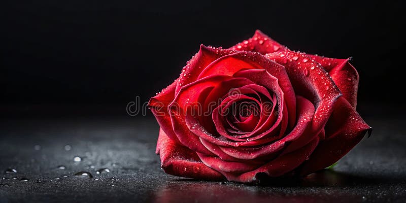 Close-up of a Single, Dark Red Rose with Water Droplets, Resting on a ...