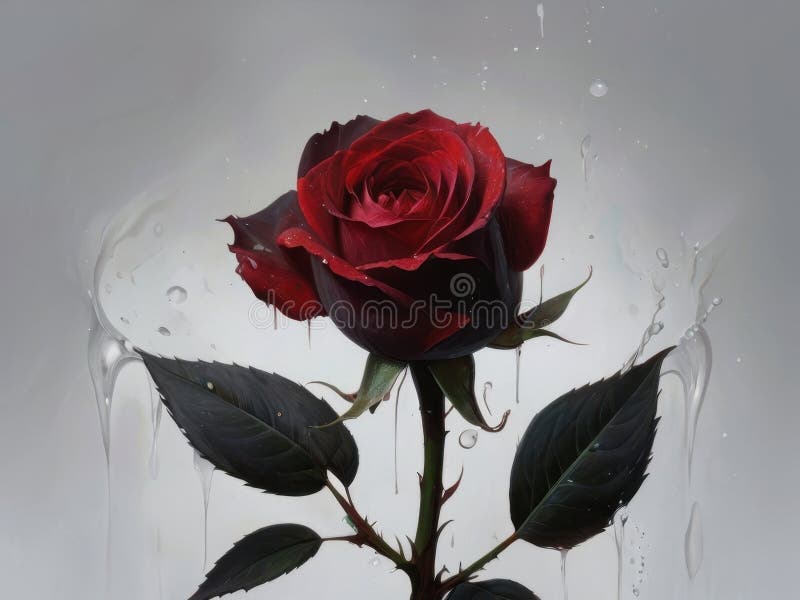 Close-Up of Single Deep Red Rose with Green Leaves on Dark Background ...