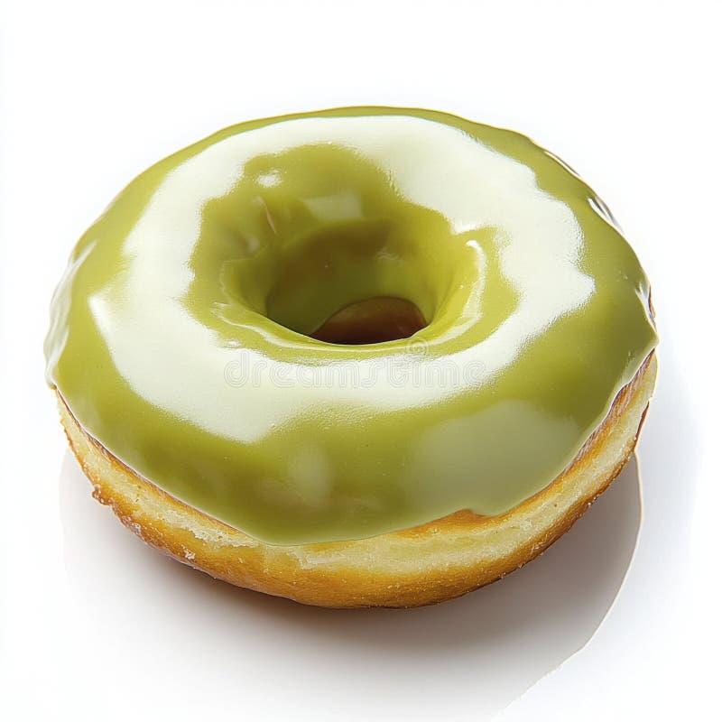 Close Up of a Single Glazed Green Donut on White Background Stock ...