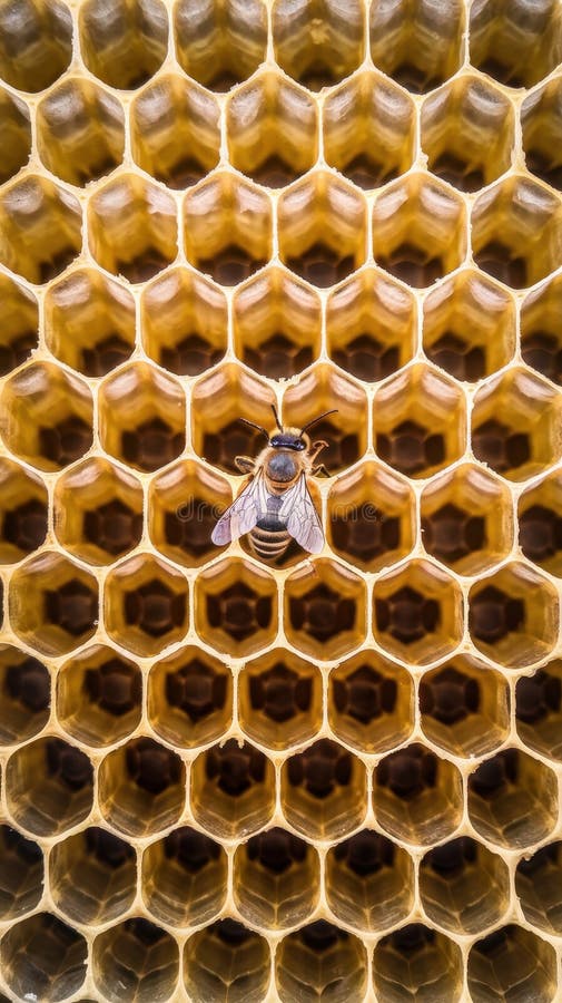 Close-Up of Single Honey Bee on Honeycomb Hexagonal Cell Structure ...