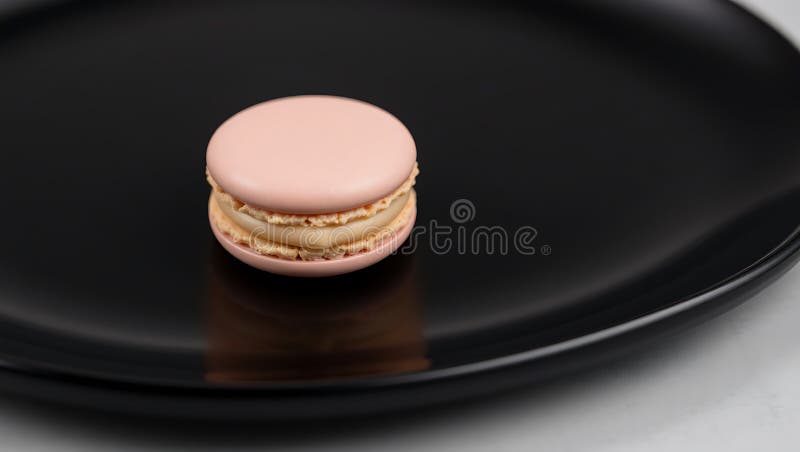 A Close Up of a Single Macaron on a Sleek Black Plate with a Simple and ...