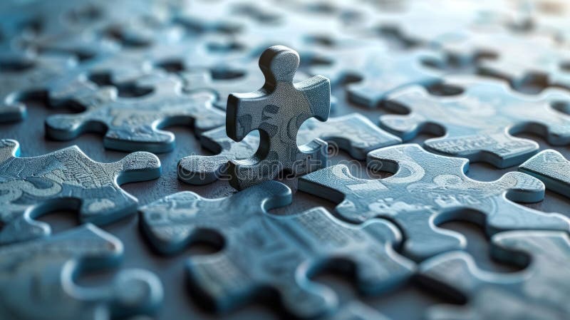 Close-up of a Single Puzzle Piece Standing on a Scattered Puzzle. Stock ...