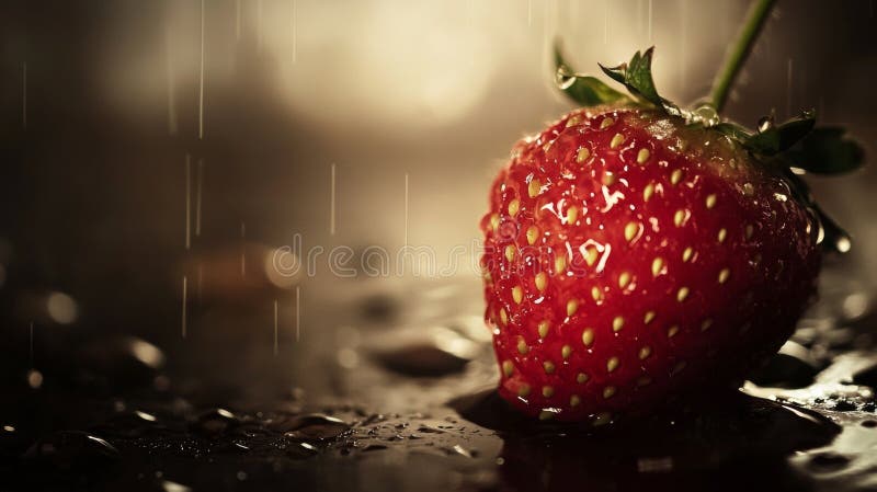Close-up of a Single Strawberry in the Rain with Dramatic Lighting ...