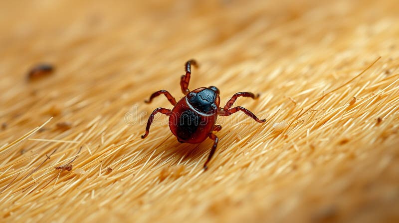 Close-up of a Single Tick on a Textured Surface. Other Tiny Insects are ...