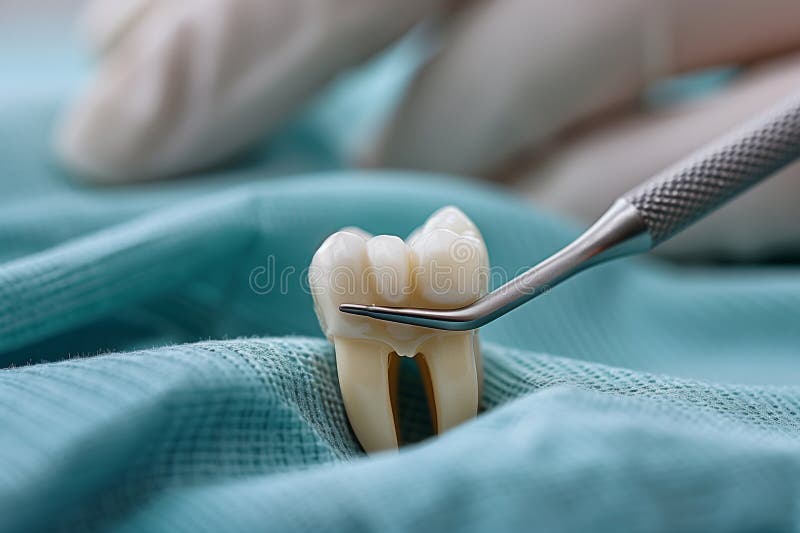Close-Up of a Single Tooth Held by Forceps on a Blue Surgical Cloth ...