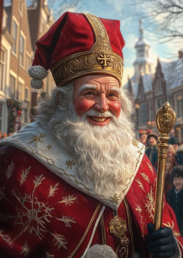 Close-up of Sinterklaas Smiling with Gleaming Hat and Staff in Festive ...