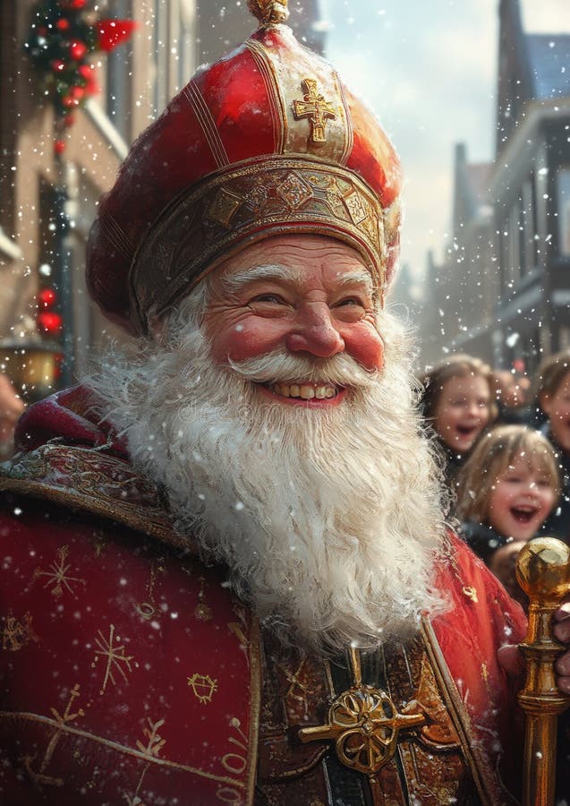 Close-up of Sinterklaas Smiling with Gleaming Hat and Staff in Festive ...