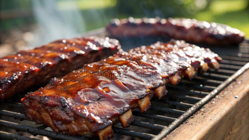 Close-up of Sizzling BBQ Ribs with Glaze and Grill Marks Stock Photo ...