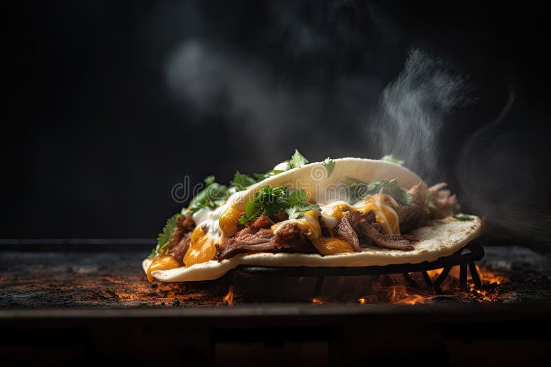 Close-up of Sizzling Taco on Griddle, with Smoke and Spices Stock ...