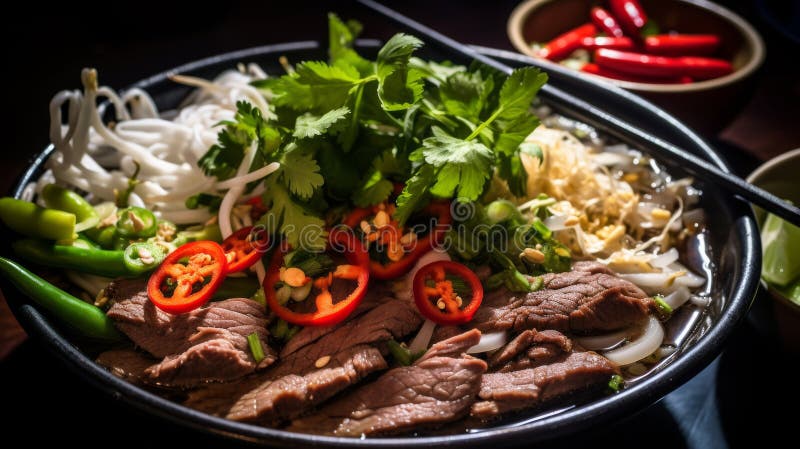 Close-up of Sizzling Vietnamese Pho Bo Stock Illustration - Illustration of aromatic, noodles ...