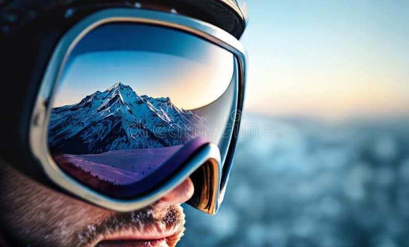 Close Up of the Ski Goggles of a Man with the Reflection of Snowed ...