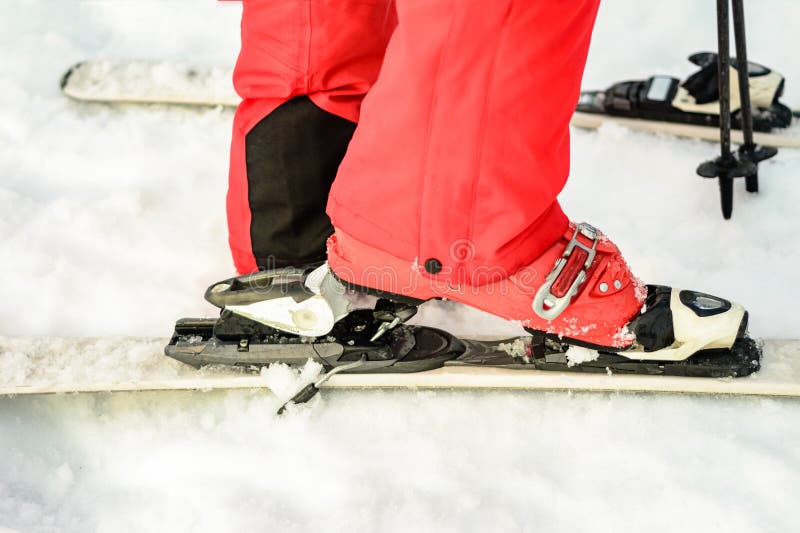 Close-up of a Skier Ski Skier Ski Boot on a Snow-red Color Stock Image ...