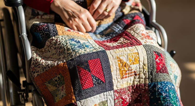 Hands Quilting Colorful Patchwork Quilt on Wheelchair Crafting Traditional Textile Art Stock ...