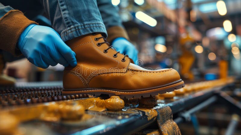 Skilled Artisan Applying Finish To Leather Boots on Manufacturing Line ...