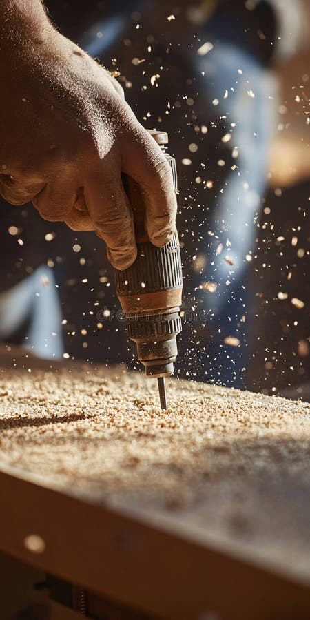 Close-up of Skilled Workers Hands Operating a Drill on Wood in a ...