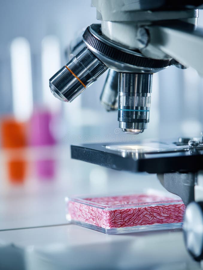 Microscope Examining Skin Tissue Sample with Blurred Lab Background in Focused Observation ...
