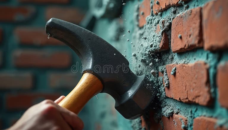 Close-up of Sledgehammer Breaking Brick Wall. Construction Work Destruction Concept. Hammer ...