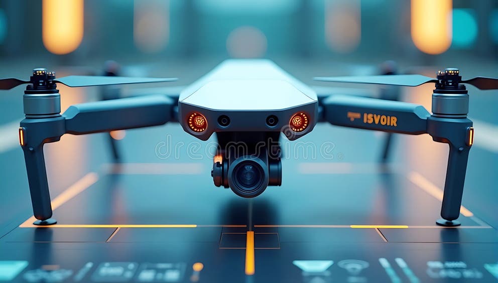 A Close-up of a Sleek AI-powered Drone with a Multi-sensor Array Hovering Over a High-tech ...