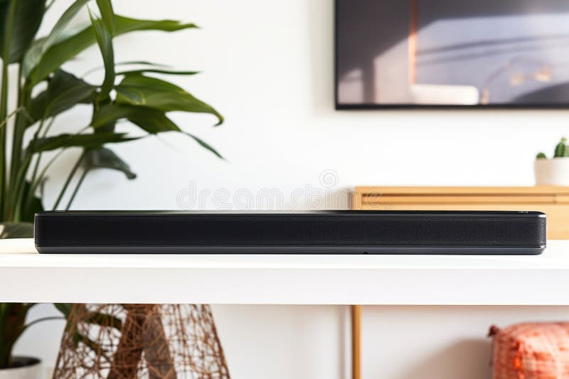 Close-up of a Sleek Black Modern Soundbar on a White Glossy Table Stock ...
