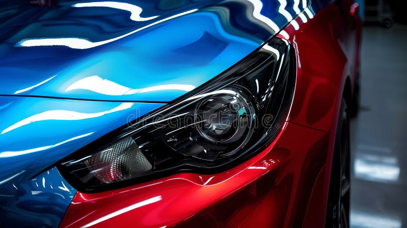 Close-up of a Sleek Blue and Red Car with a Gleaming Headlight Stock ...