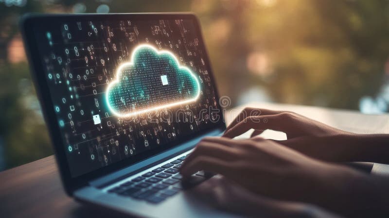 Close-Up of a Sleek Laptop Screen with Digital Cloud Display Stock ...