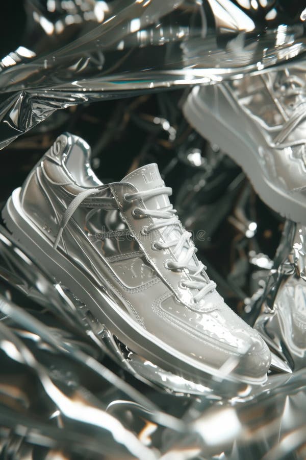 Close-up of a Sleek Silver Sneaker Placed on a Reflective Foil ...