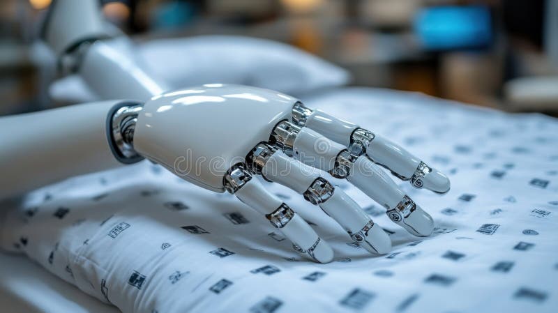 A Close-up of a Sleek, White Robotic Hand with Metallic Joints Rests ...