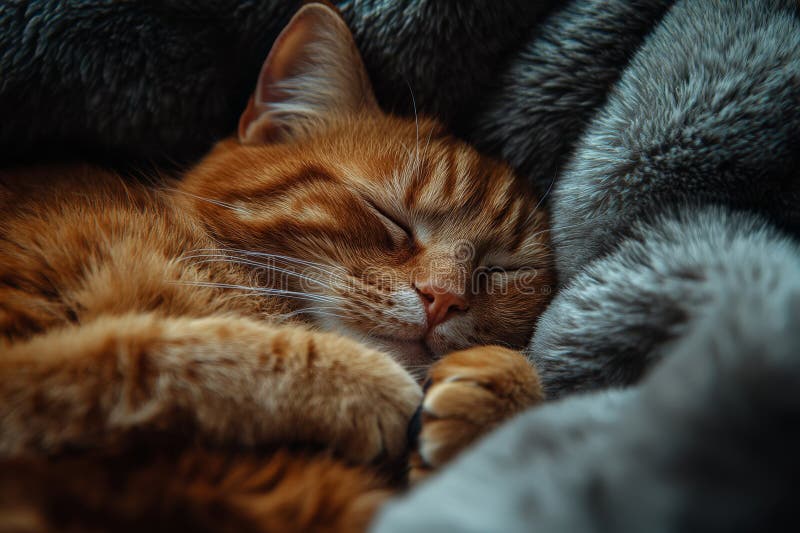 Close-up of a Sleeping Ginger Cat Nestled in Plush Fabric, Serene ...
