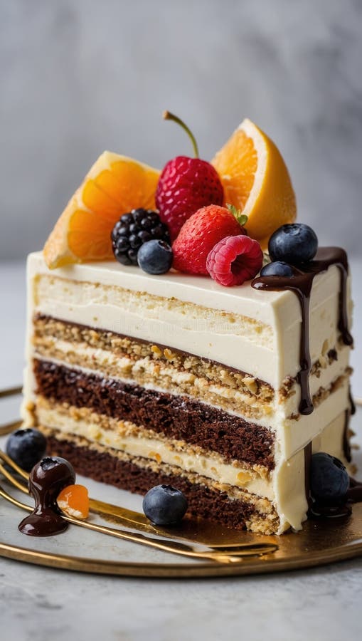 Close-up of a Slice of Layered Cake with Fresh Fruit Toppings and ...
