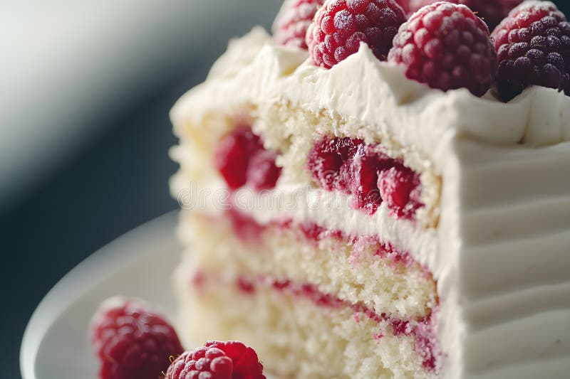 Close-up of a Slice of Vanilla Cake with Raspberry Filling and Topping ...