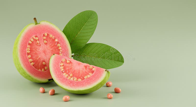 A Close Up of a Sliced Guava with Its Seeds and Leaves, Displayed on a ...