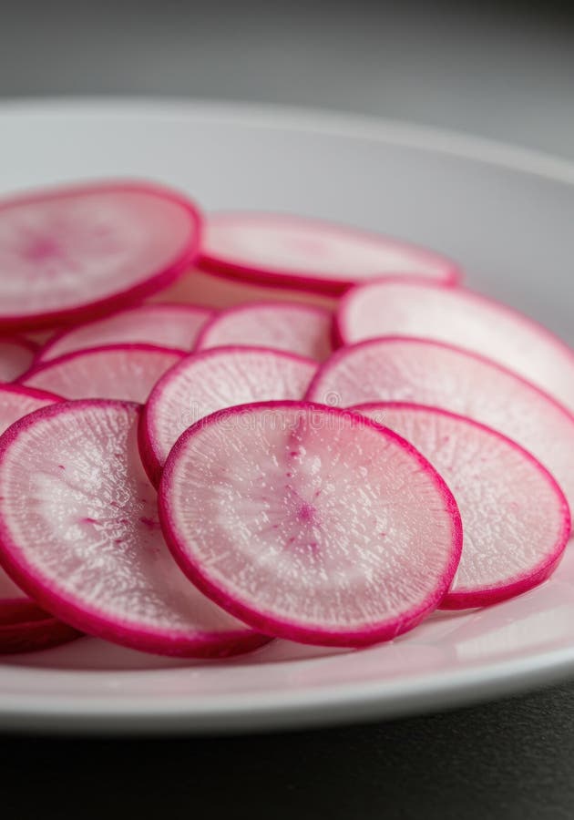 Close-up of Sliced Red Radishes on White Plate Stock Illustration ...