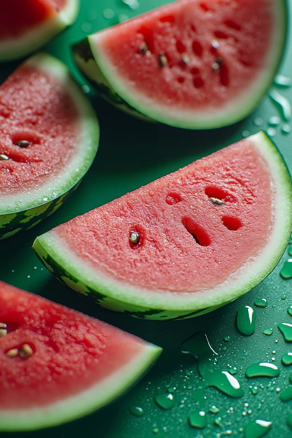 A Close Up of Sliced Watermelon on a Green Surface with Water Droplets ...