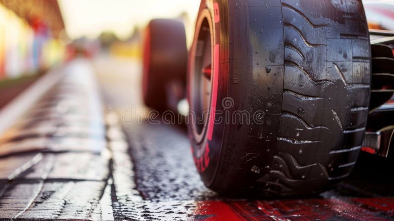 A Close-up of a Slick Racing Tire on a Wet Track Stock Illustration ...