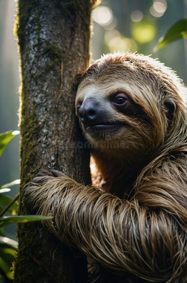 Close-up Portrait of a Three-Toed Sloth Clinging To a Tree Trunk in a ...