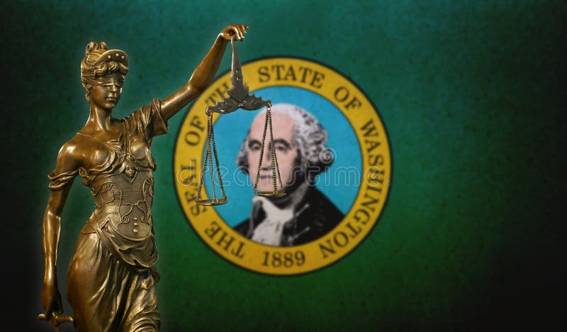 Lady Justice before a Flag of Washington Stock Photo - Image of ...