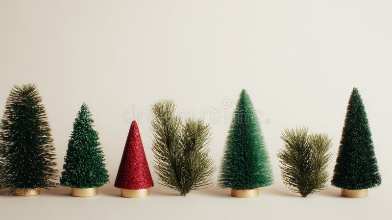 Close-up of Small Christmas Trees Decorated with Red and Green Tinsel ...