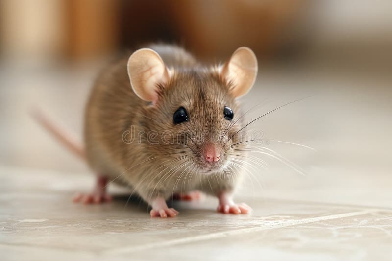 Close Up Small Domestic Grey Mouse on the Tiled Floor in the Kitchen ...